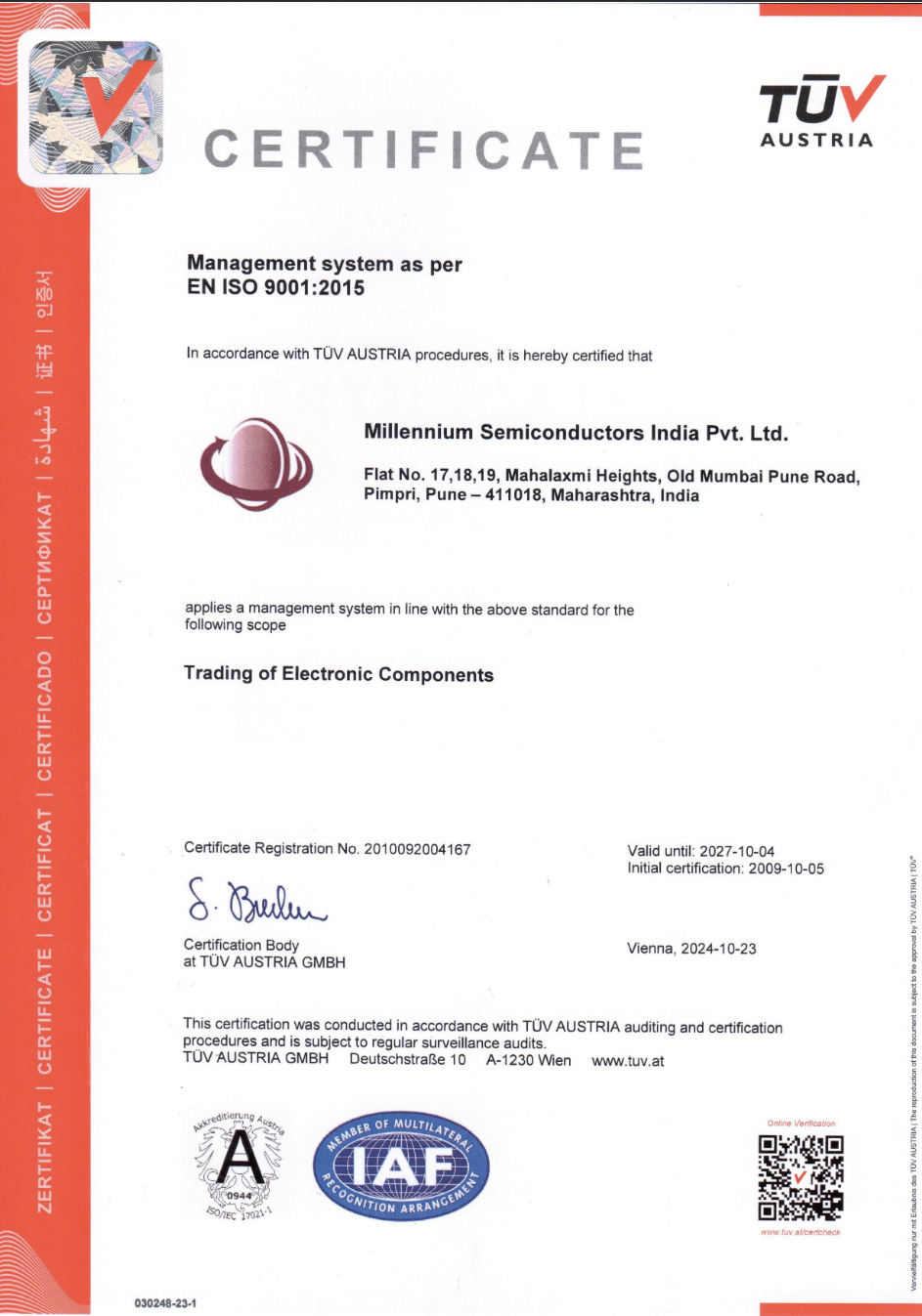 ISO Certificate - Electronic Component Distributor in India